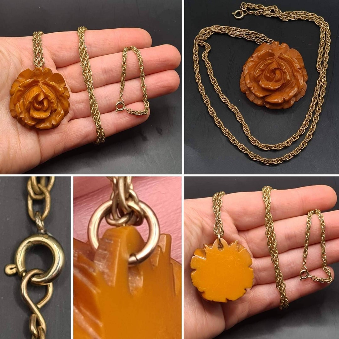 Original 1930s/40s Art Deco Early Plastic Carved Bakelite Rose Necklace ...