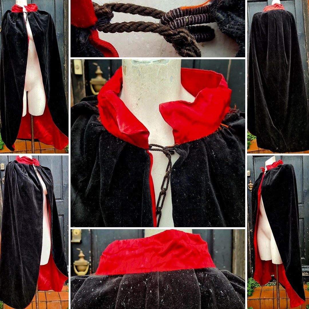 Original 1940s Black Cotton Velvet and Red Satin Fully Reversible Cape ...