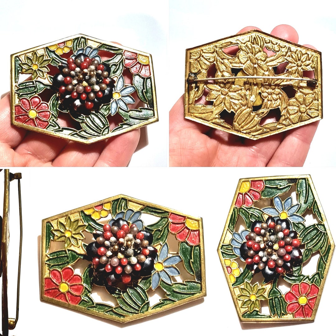 Original 1930s Cold Painted Art Deco Floral Enamel LARGE Statement ...