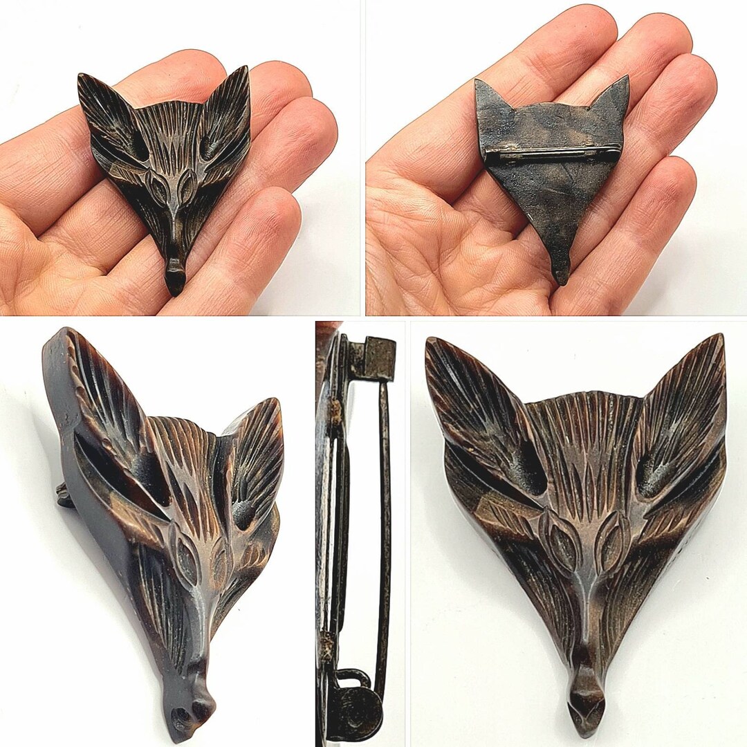 Original 1930s Art Deco Early Plastic Carved Celluloid Fox Head Brooch ...