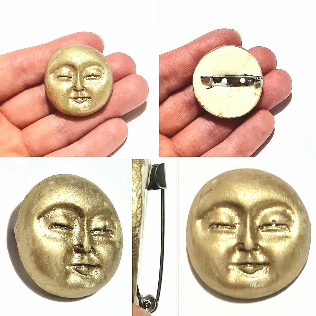 Original 1980s Golden Moon Face Plastic Brooch - Etsy