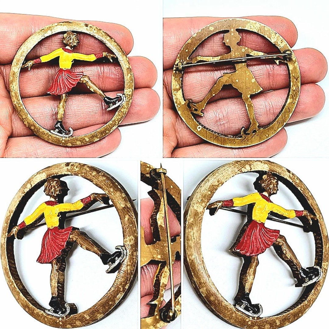 Original 1930s Art Deco Carved Wooden Circular Frame Ice Skating ...