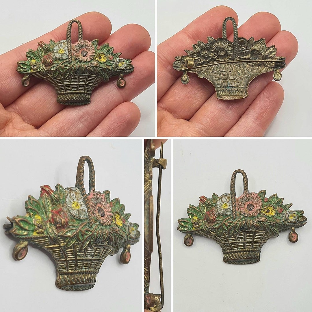 Original 1930s Cold Painted Enamel Pastel Basket of Flowers Brooch - Etsy