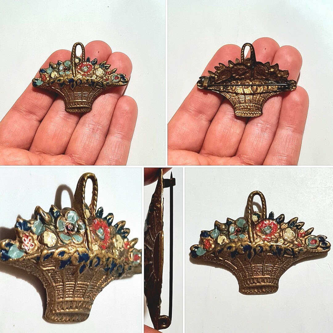 Original 1930s Cold Painted Enamel Basket of Flowers Brooch - Etsy