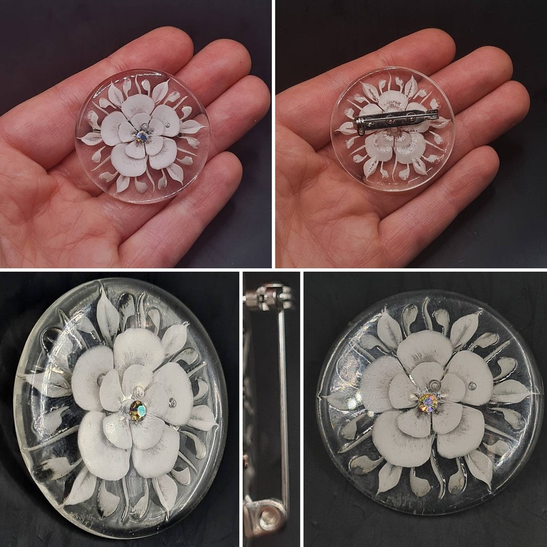 Original 1940s/50s Early Plastic Floral Reverse Carved Lucite Brooch - Etsy