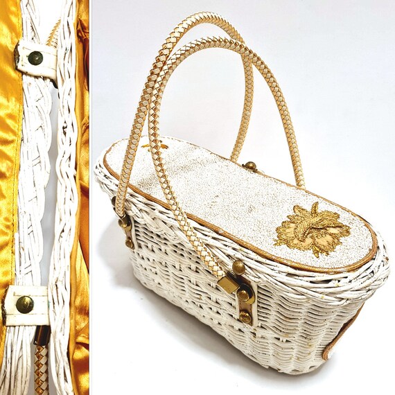 Original 1950s Straw Beaded Box Bag with Gold Floral … - Gem