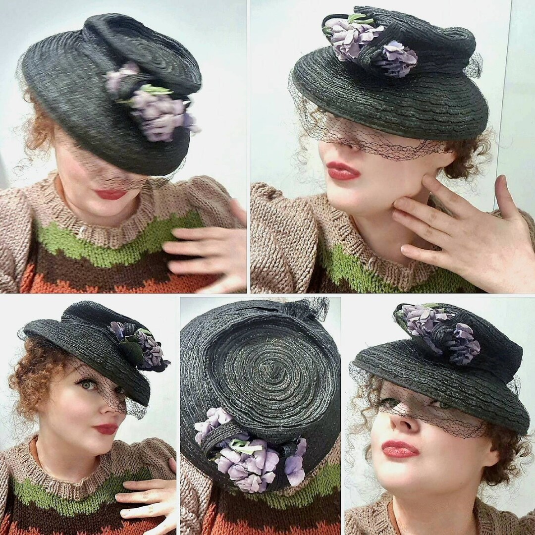 Original 1940s Black Woven Dipped Crown Hat With Lilac Flower ...