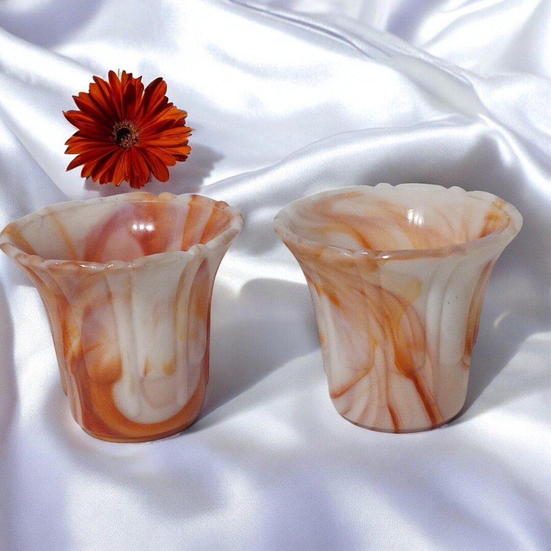 Vintage 1930s-40s Akro Agate Slag Glass Vases Cups Orange & Cream Swirl ...