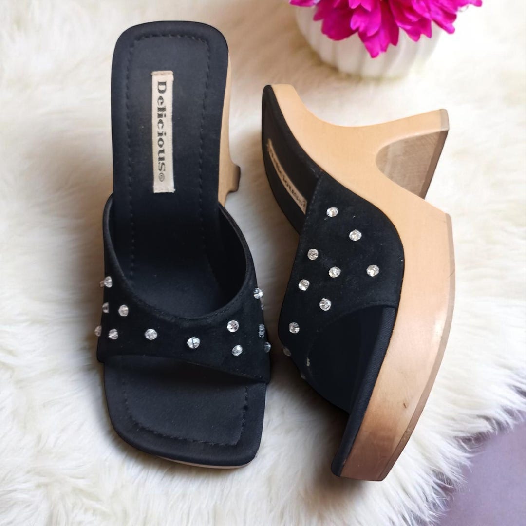 Vintage Delicious Congo Heels | Black Suede Rhinestone Clogs | Y2K Wood ...