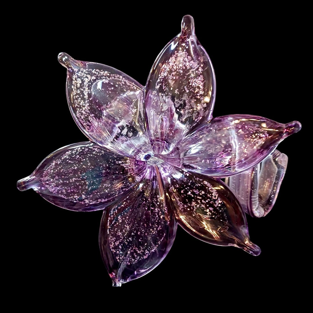 Hand-blown Pink Glass Flower With Curved Coiled Stem and Silver Glitter ...