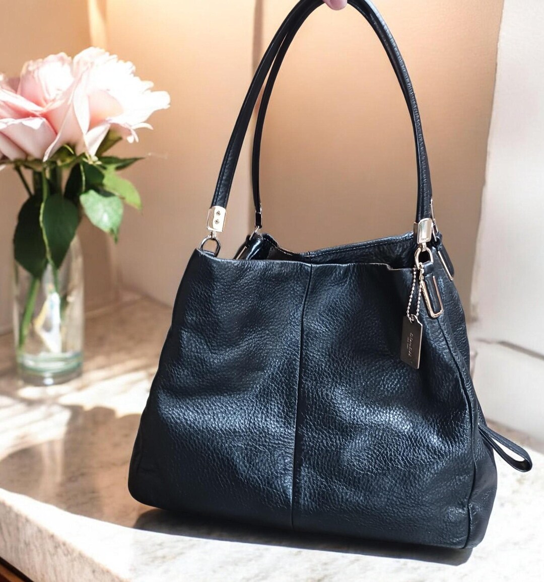 Coach Phoebe Black Pebbled Leather Three Compartment Double Handle Tote ...