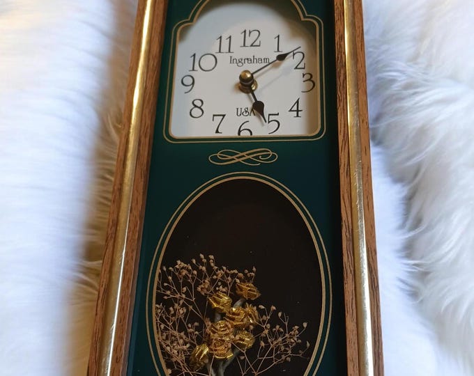 Vintage Ingraham Wooden Wall Art Clock With 3D Golden Roses Under Glass ...