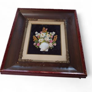 Vintage Shell Art Shadow Box – 3D Floral Vase on Black Velvet – Brass ...