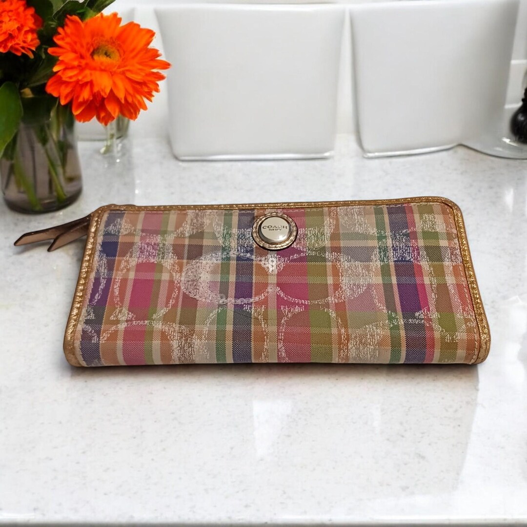 Coach Plaid Jacquard Sequined c Monogram Zippered Wallet With Metallic ...
