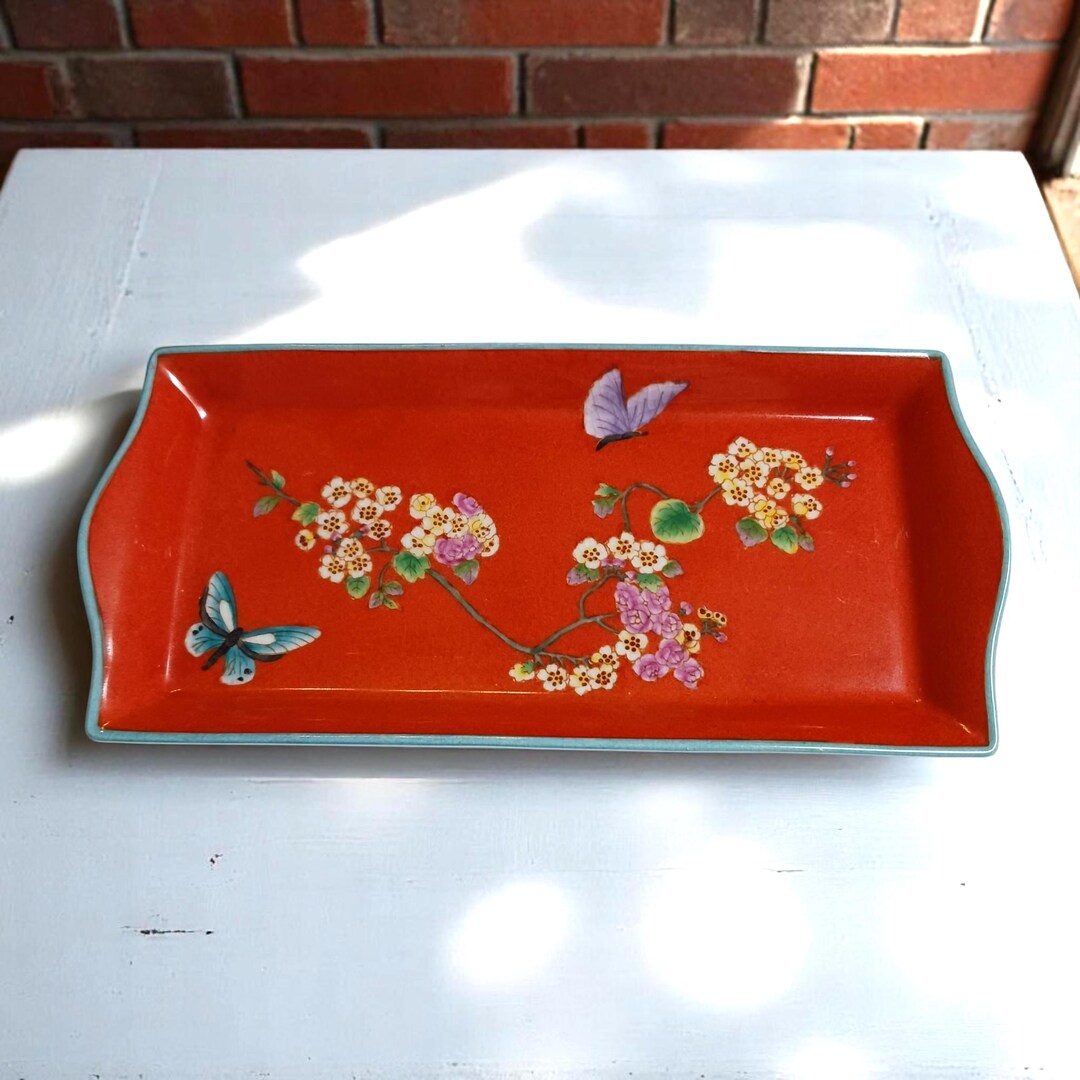 Vintage Chinese Porcelain Tray – Vermilion Red With Cherry Blossoms ...