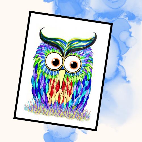 Colorful Owl , Hand Drawn Perfect for Bird Lovers, Nursery, Office or ...