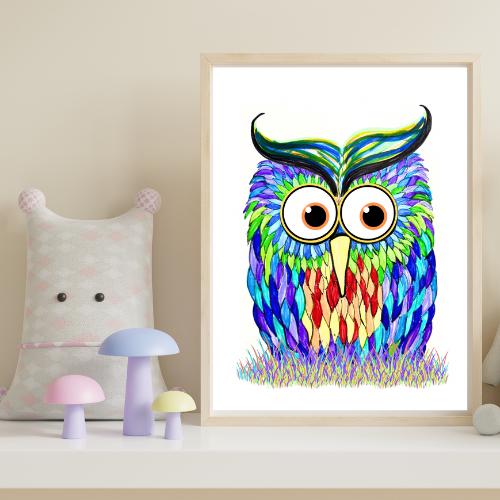 Colorful Owl , Hand Drawn Perfect for Bird Lovers, Nursery, Office or ...