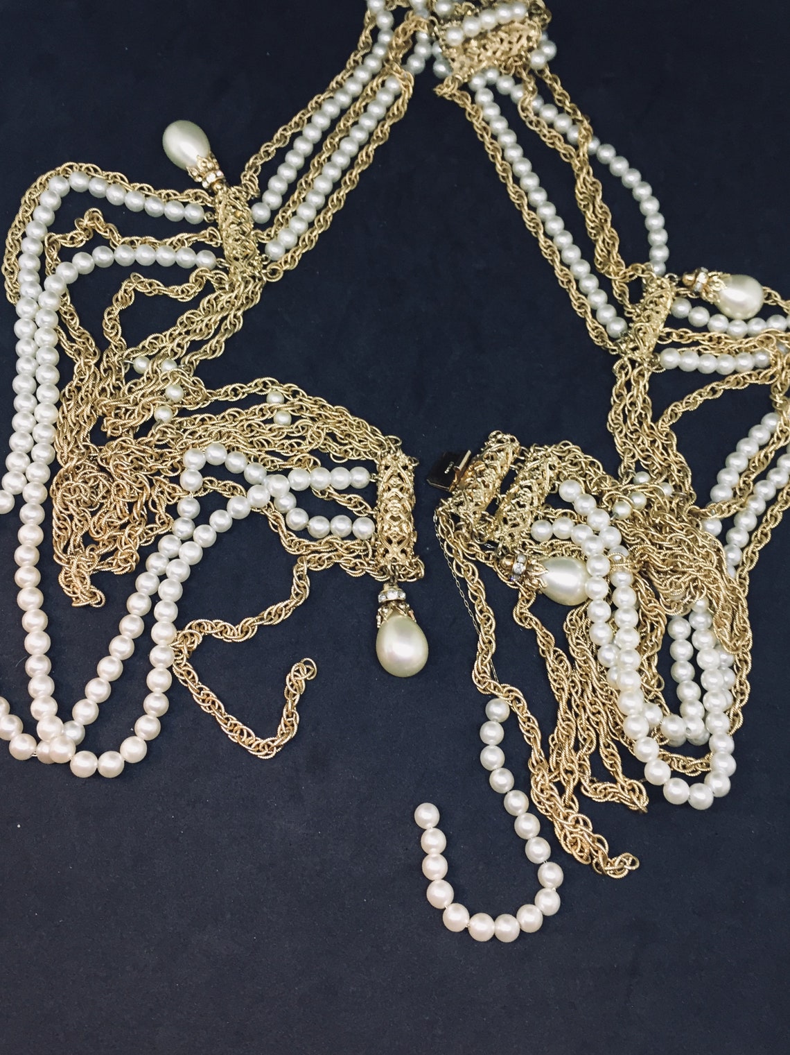 NAPIER 50's Goldtone Metal Faux Pearls Super Drippy Back and Shoulder ...