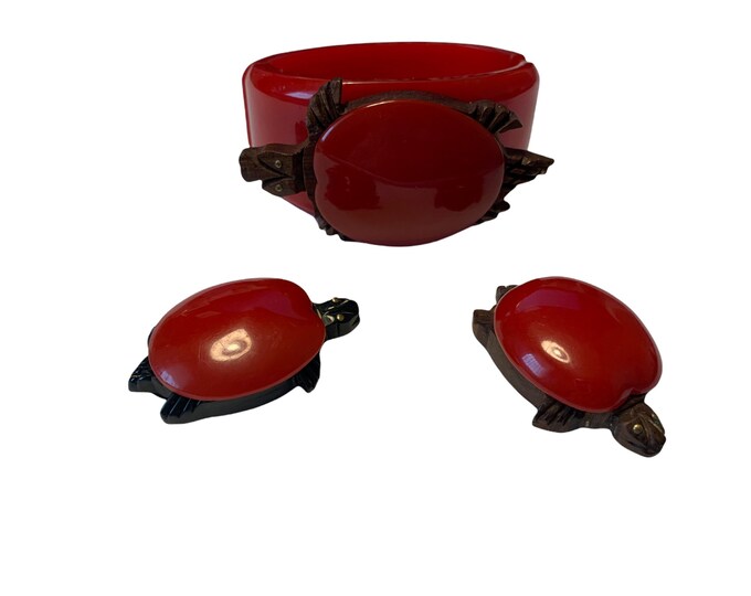 Bakelite and Wood Turtle Clip Pins and Bangle Bracelet Set Parure - Etsy