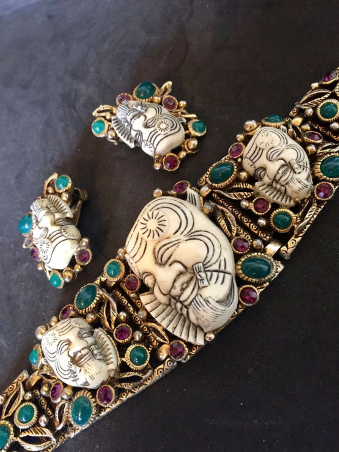 SELRO Signed Noh Mask Devil Faces 1970's Bracelet Earrings Set Parure ...