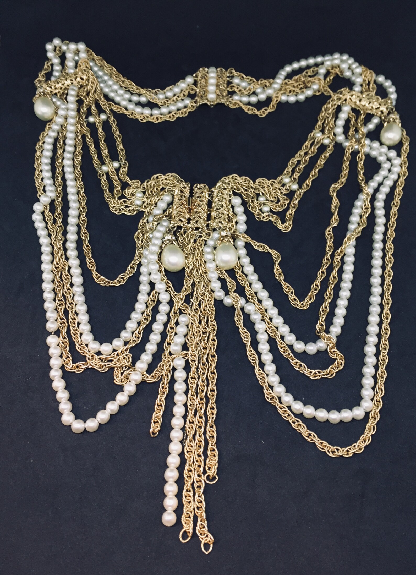 NAPIER 50's Goldtone Metal Faux Pearls Super Drippy Back and Shoulder ...