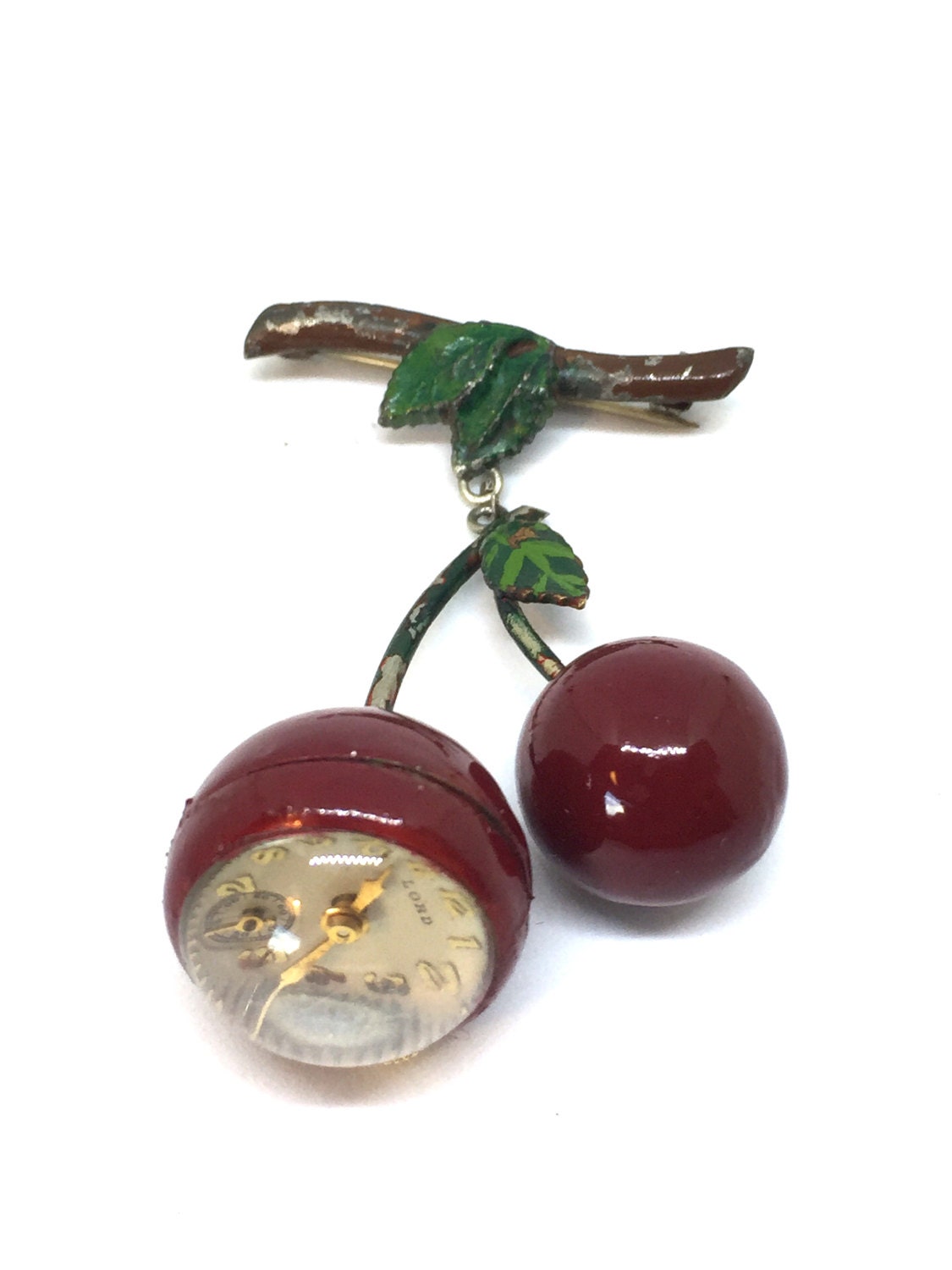 Dangling Cherry Enamel 40's Watch Pin Brooch - Etsy