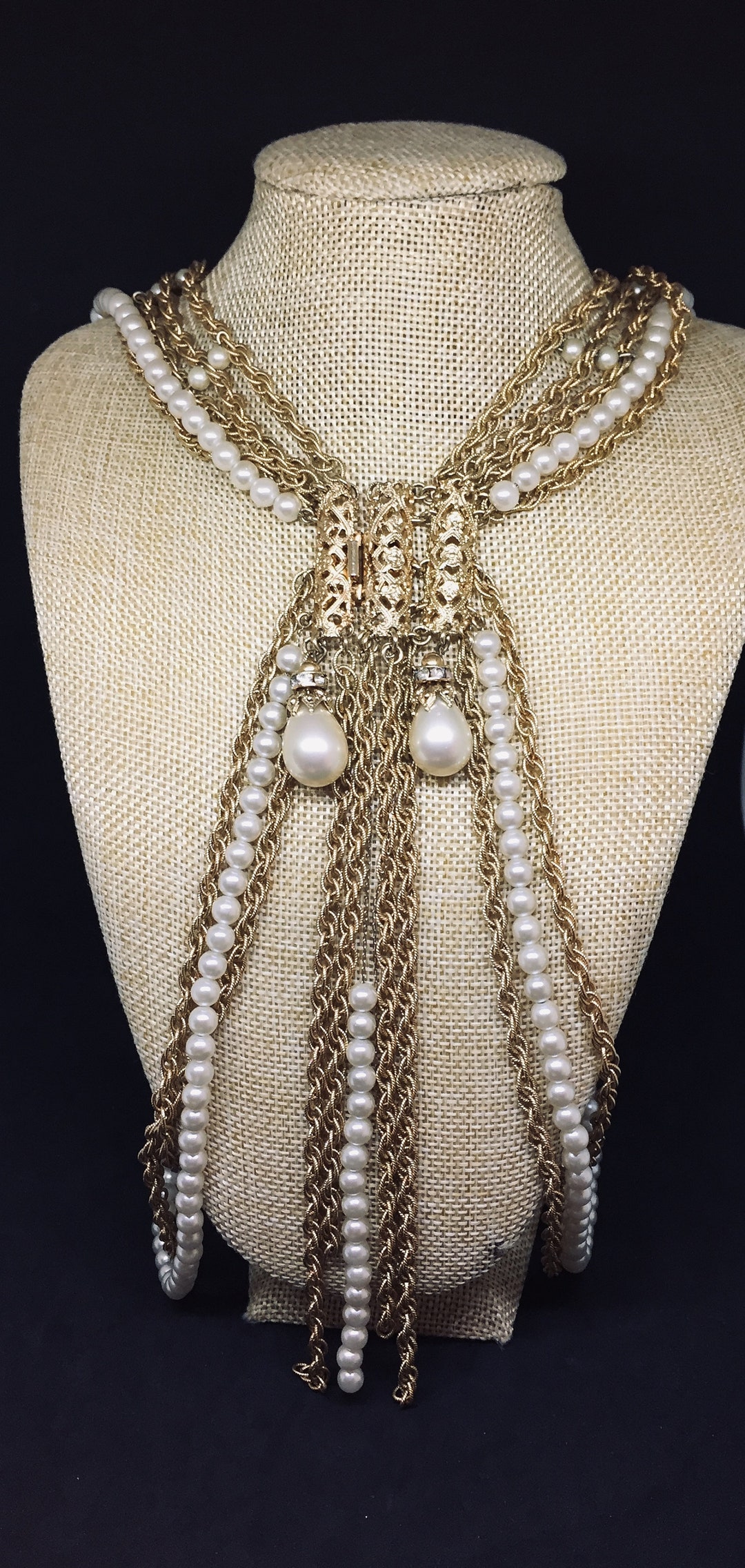 NAPIER 50's Goldtone Metal Faux Pearls Super Drippy Back and Shoulder ...
