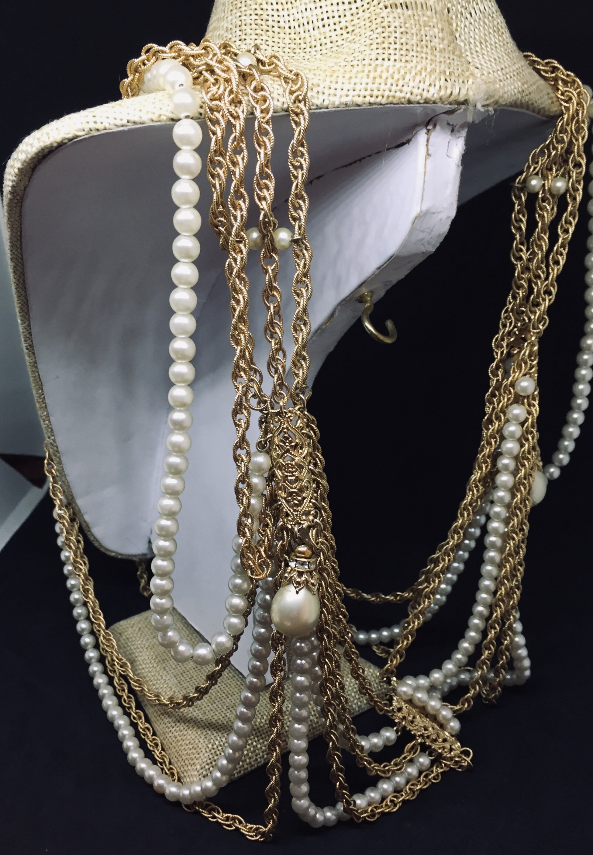 NAPIER 50's Goldtone Metal Faux Pearls Super Drippy Back and Shoulder ...