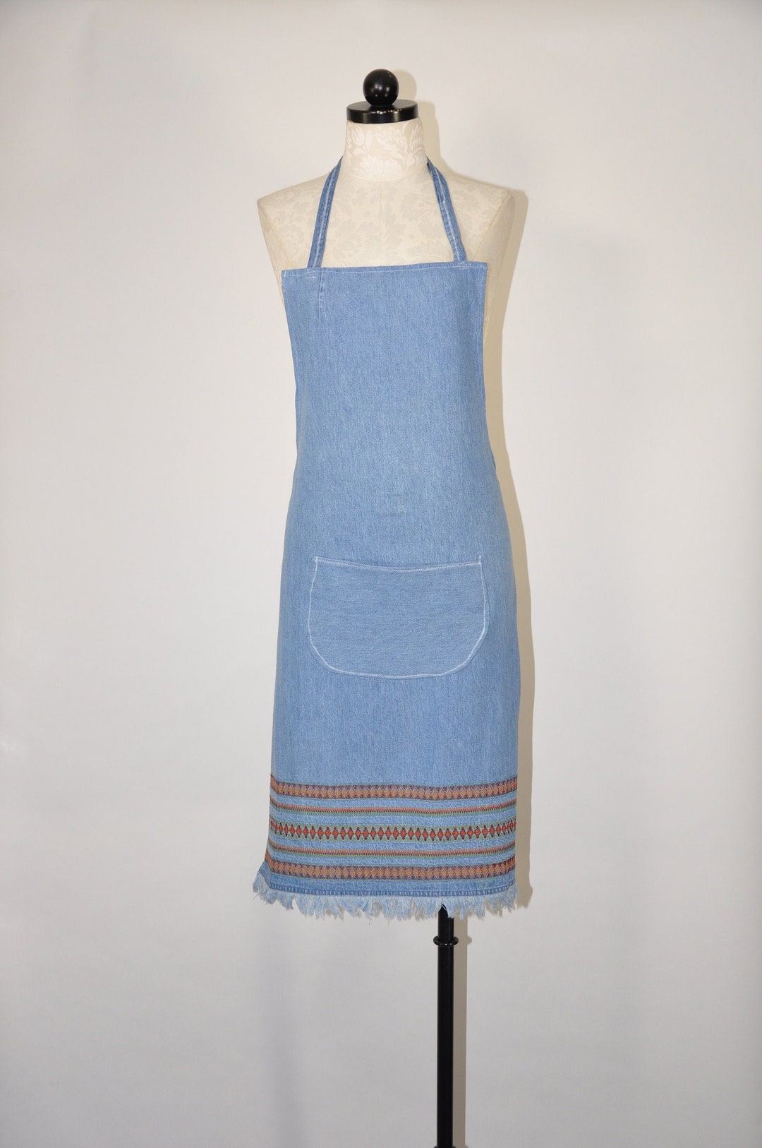 Blue Chambray Chef Apron / Fringe Denim Kitchen Apron / Folk Embroidery ...