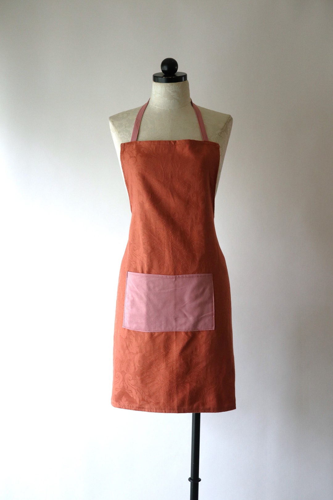 Dusty Rose Full Bib Apron / Floral Damask Chef Apron / Handmade Kitchen ...