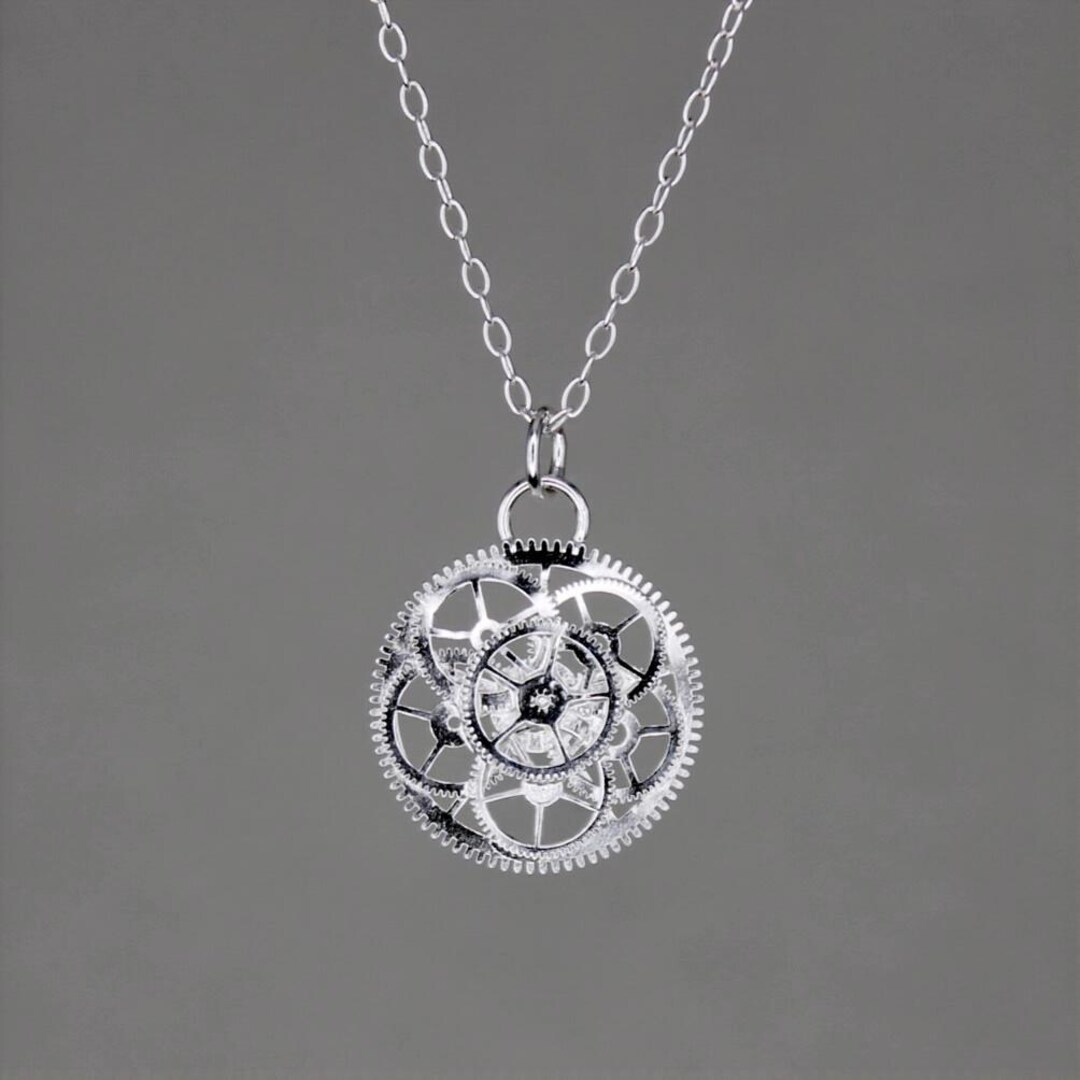 Recycled Vintage Watch Piece Silver Plated Cog Pendant on Sterling ...