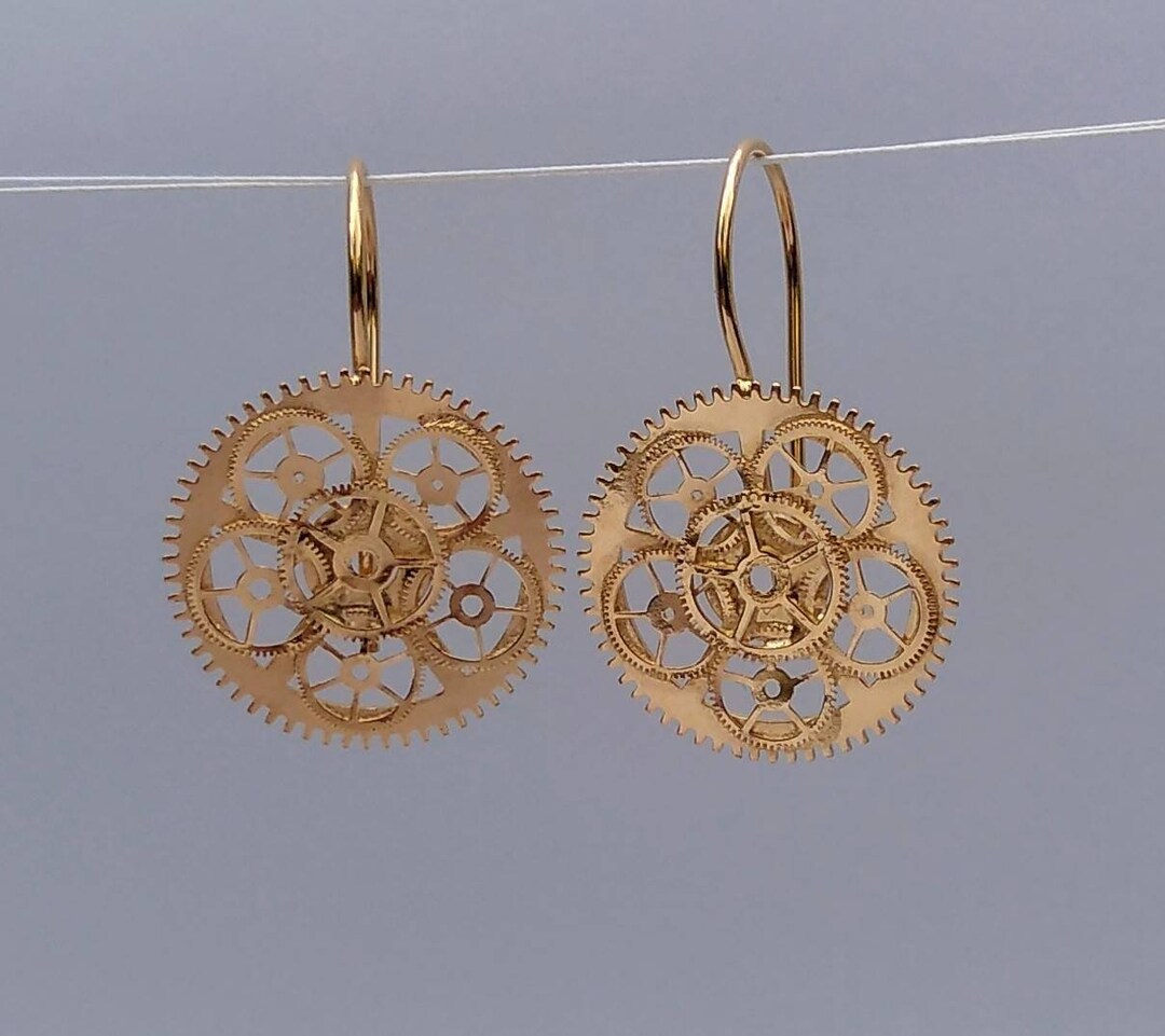 Recycled Watch Cog Filigree Ear Drops 9 Carat Gold Plated With Fixed ...