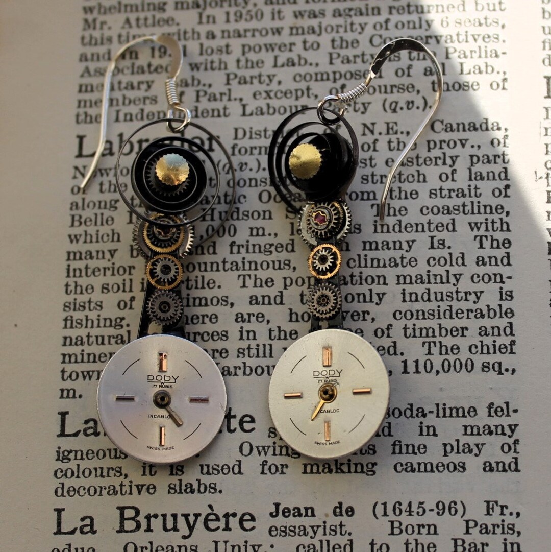 Recycled Vintage Watch Piece and Clock Hand Pendulum Earrings - Etsy