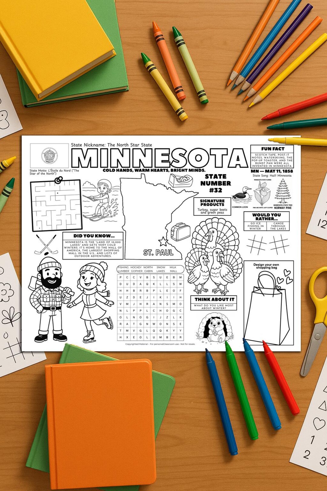 US States Printable Minnesota Activity Placemat | Kids Geography ...