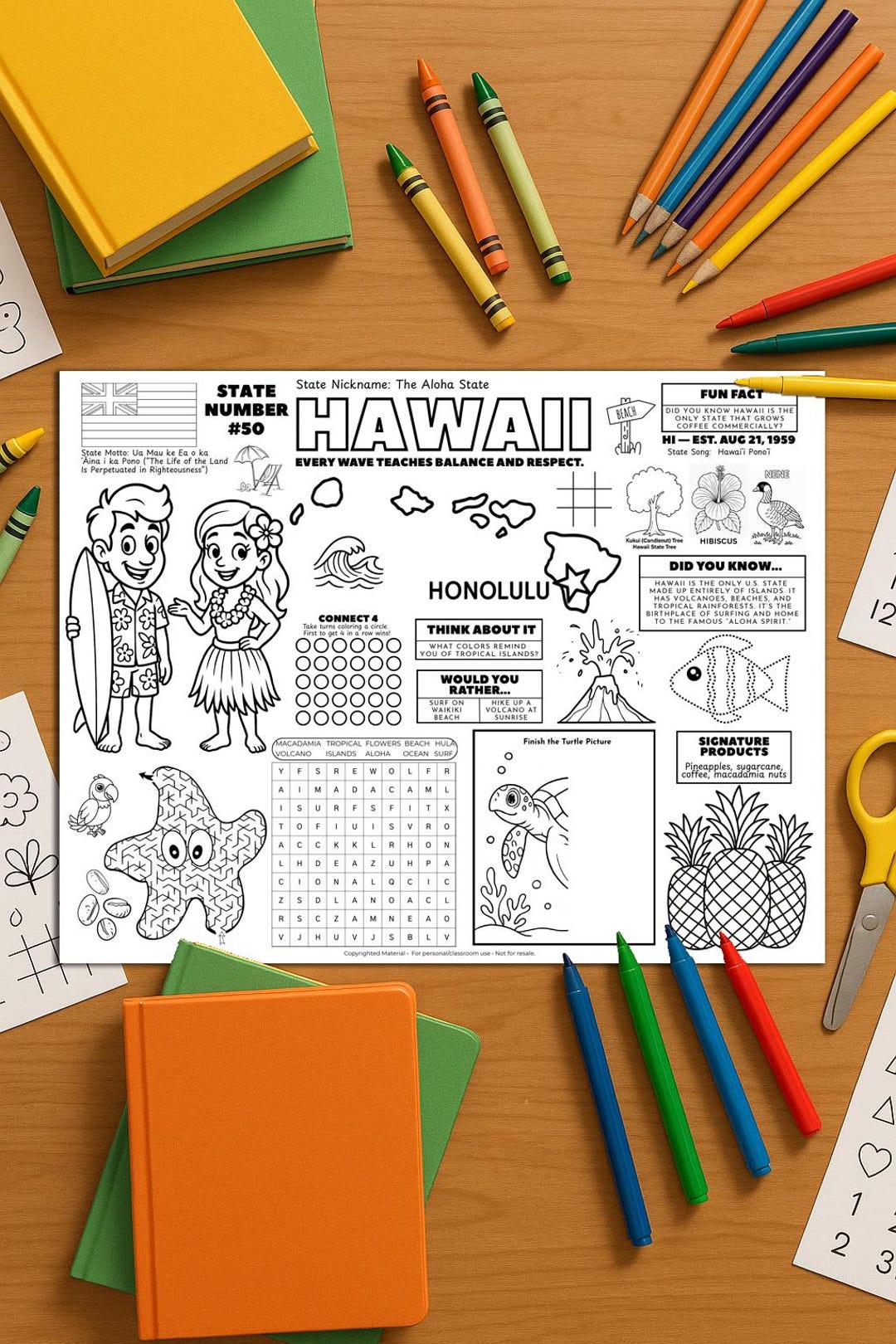 US States Printable Hawaii Activity Placemat | Kids Geography Worksheet ...