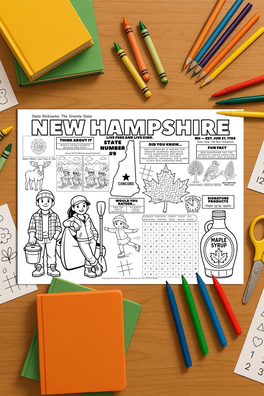 US States Printable New Hampshire Activity Placemat | Kids Geography ...