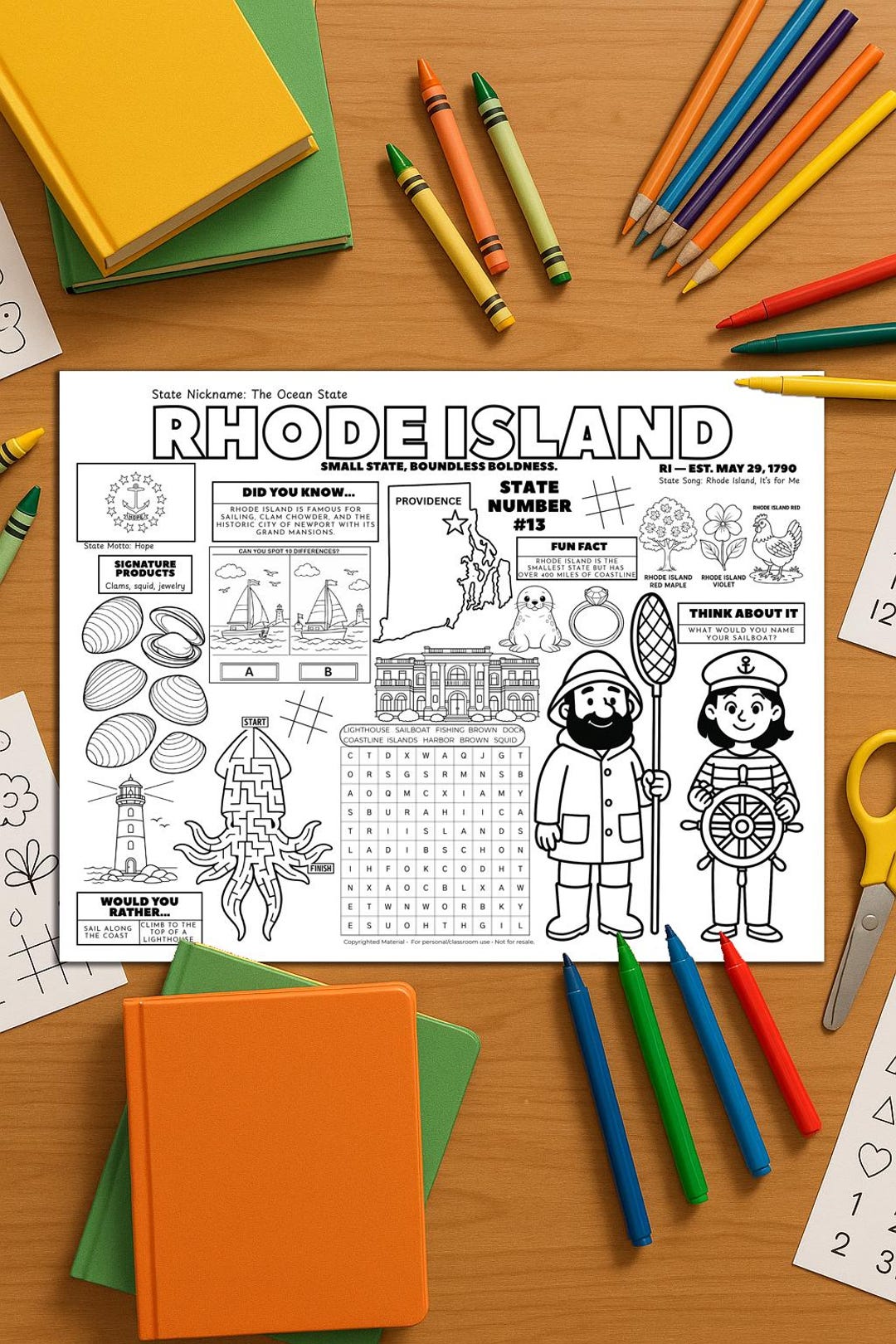 US States Printable Rhode Island Activity Placemat | Kids Geography ...