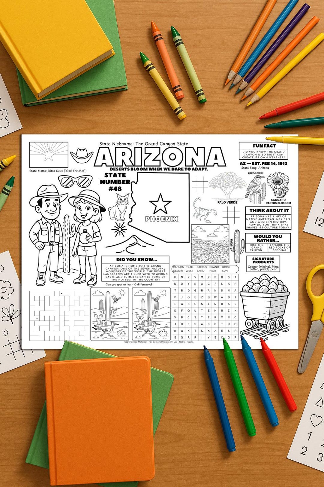 US States Printable Arizona Activity Placemat | Kids Geography ...