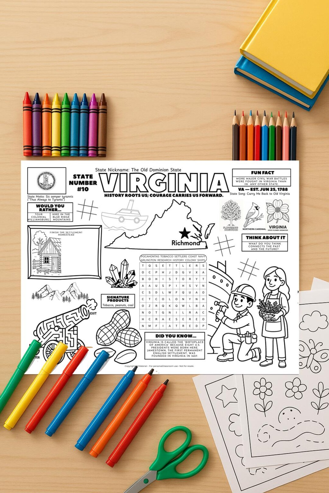 US States Printable Virginia Activity Placemat | Kids Geography ...