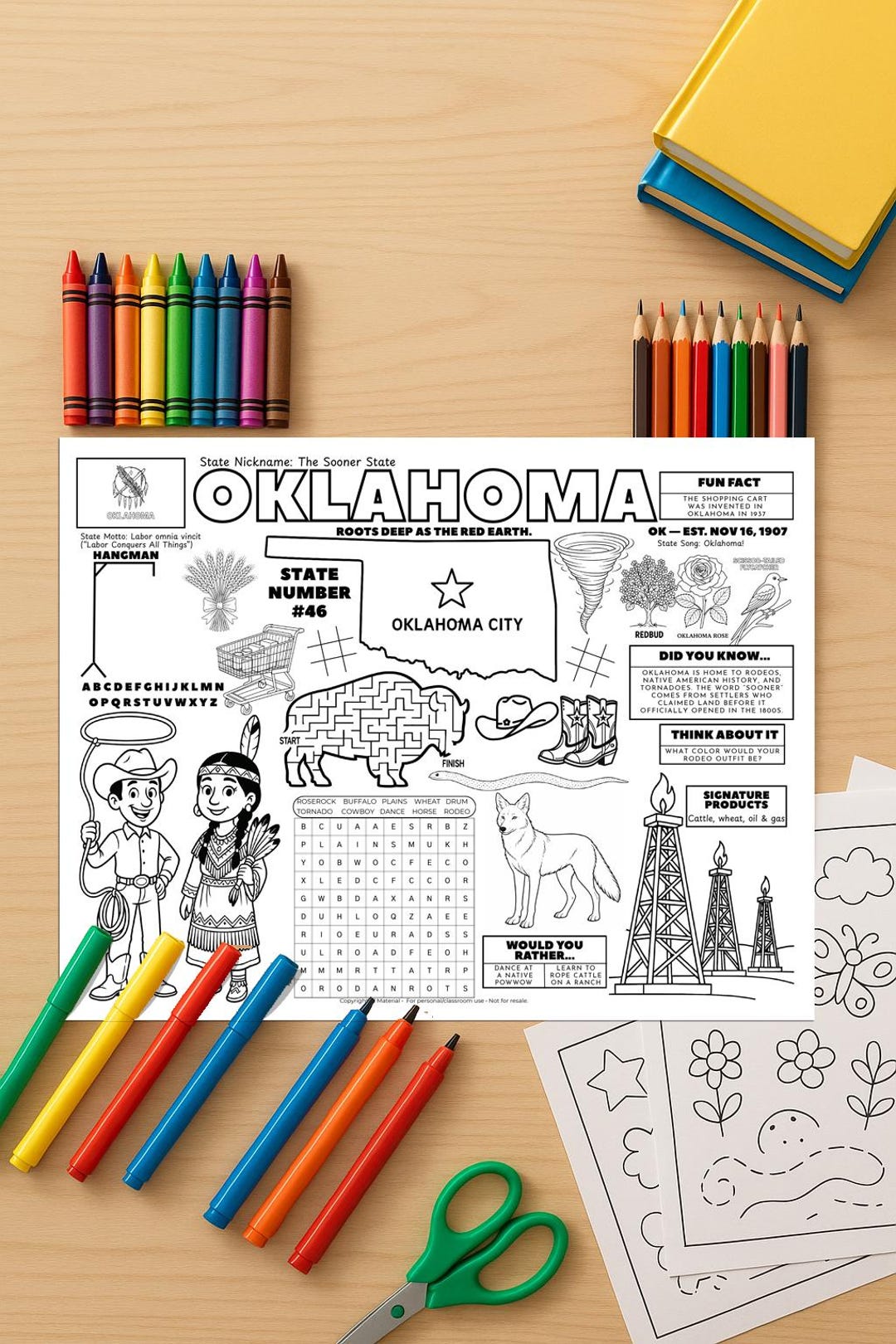 US States Printable Oklahoma Activity Placemat | Kids Geography ...