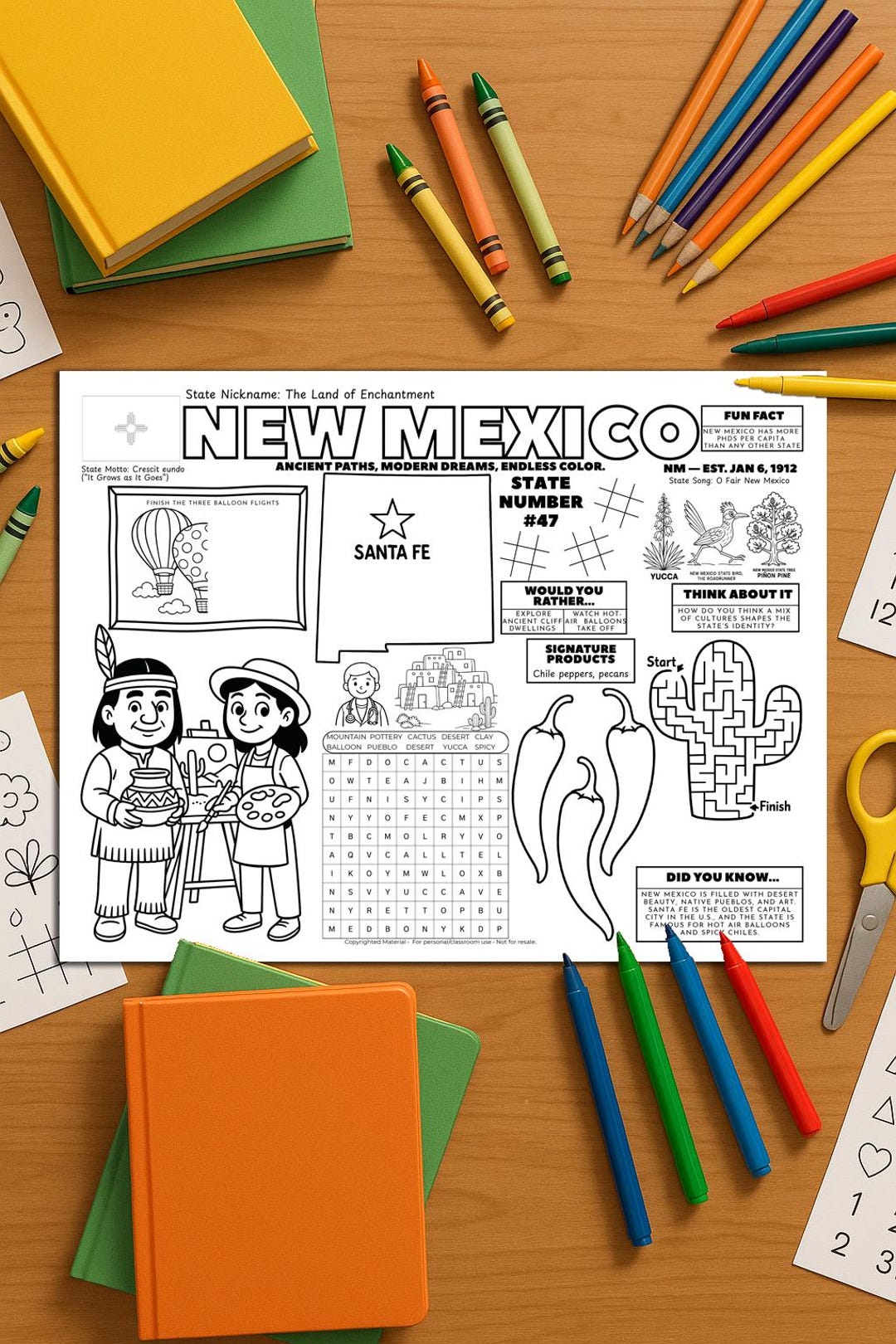 US States Printable New Mexico Activity Placemat | Kids Geography ...