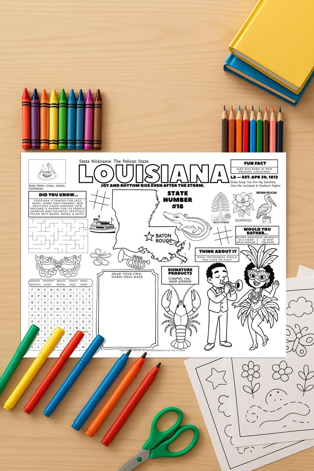 US States Printable Louisiana Activity Placemat | Kids Geography ...