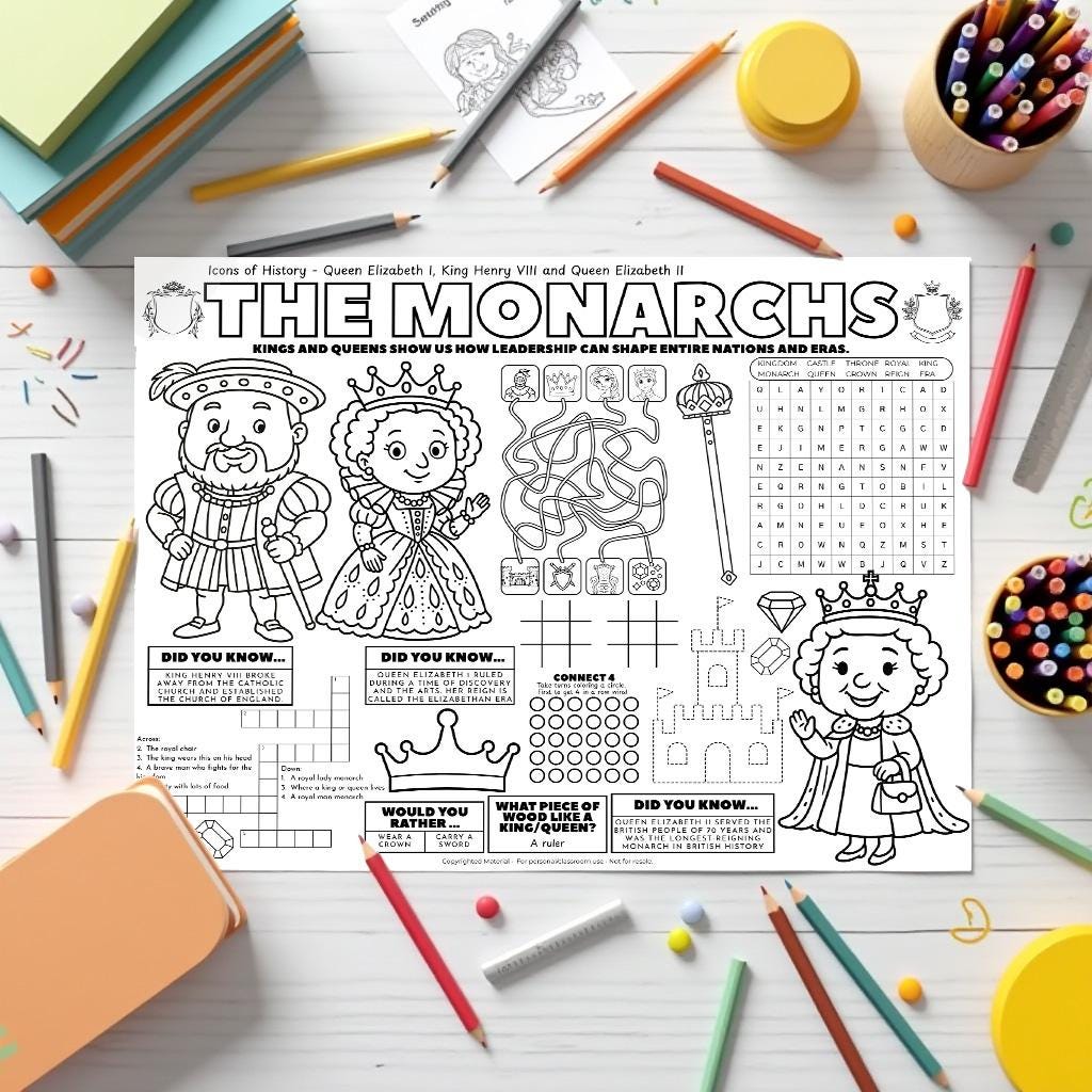 Icons of History: the Monarchs Activity Placemat | Kings & Queens ...