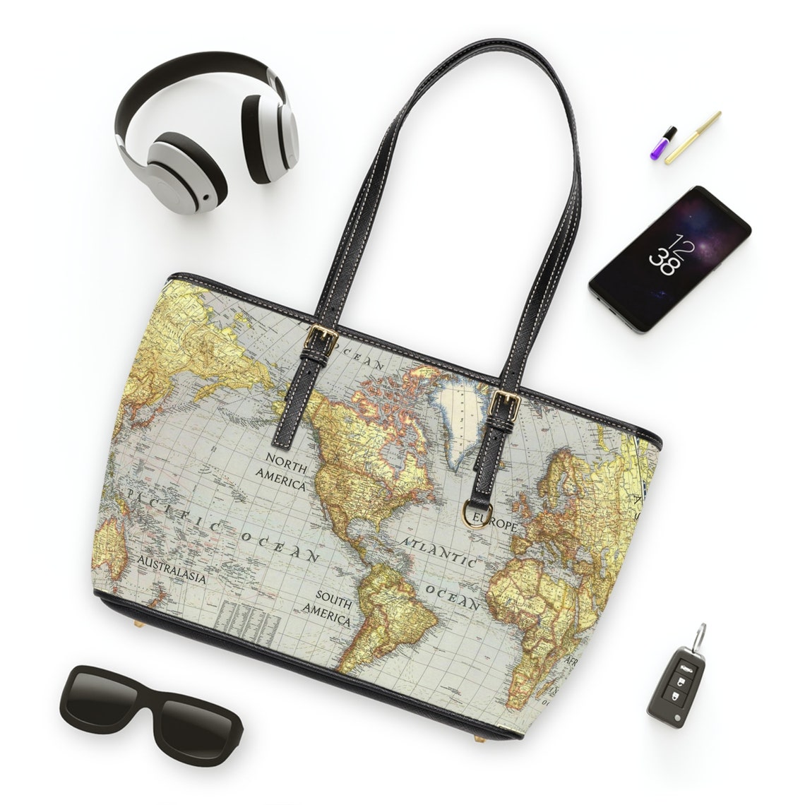 PU Leather Shoulder Bag, Tote Bag, World Map Bag, Large Capacity Bag ...