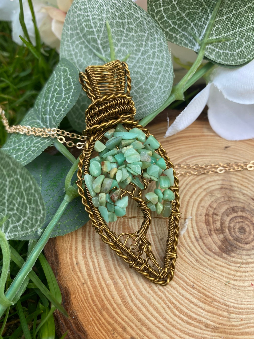 Bronze Wire Tree Necklace, Chrysophase Gemstone Tree, Antique Bronze ...