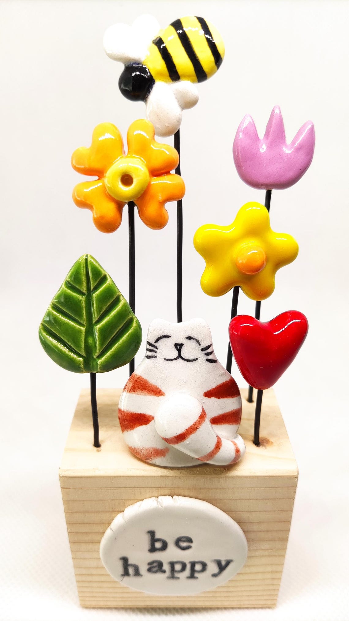 Miniature Cat Flowers and Bee on Small Wooden Cube With Be Happy ...