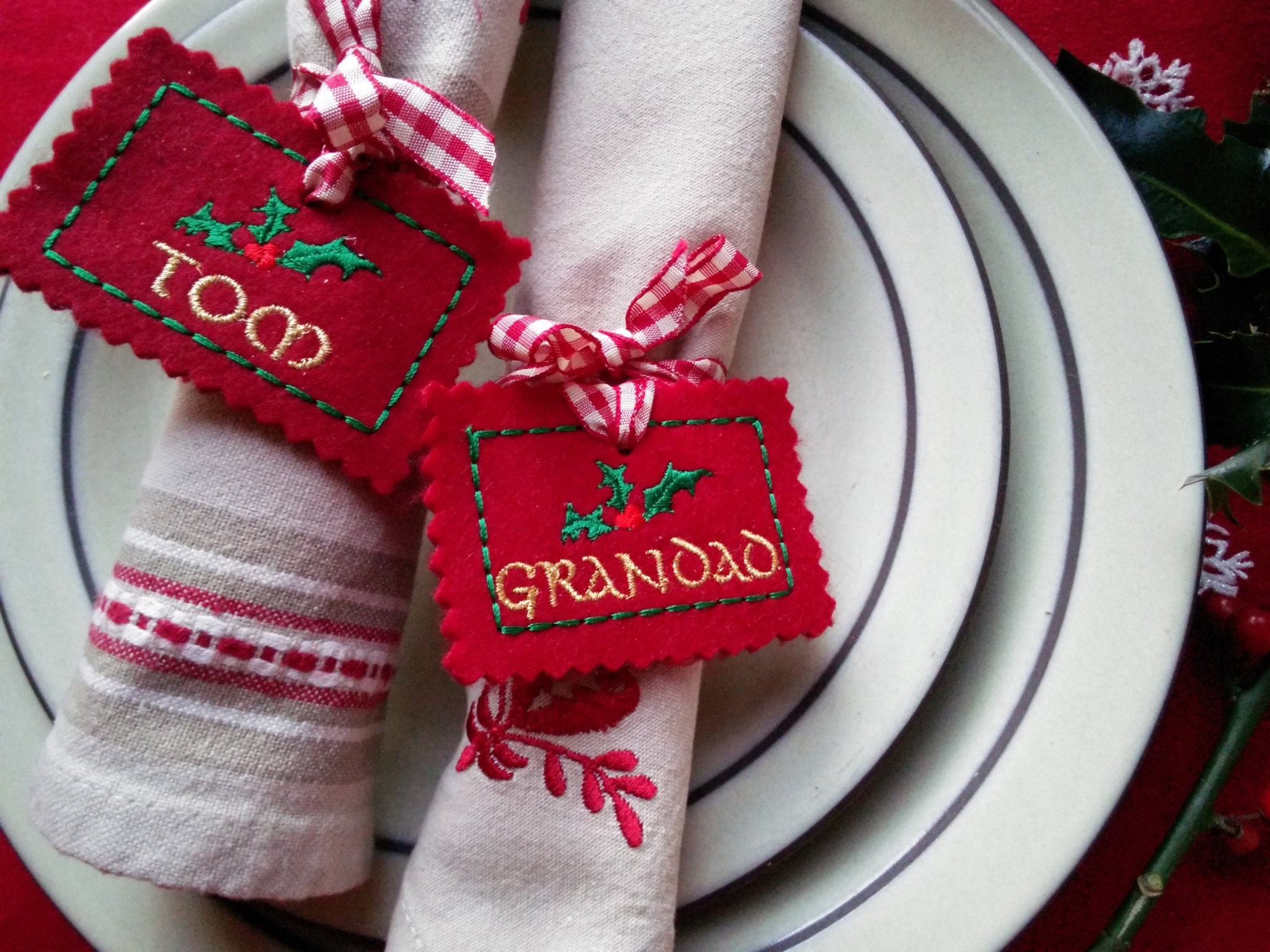 Christmas Themed Personalised Name Tag Embroidered Onto Red - Etsy UK