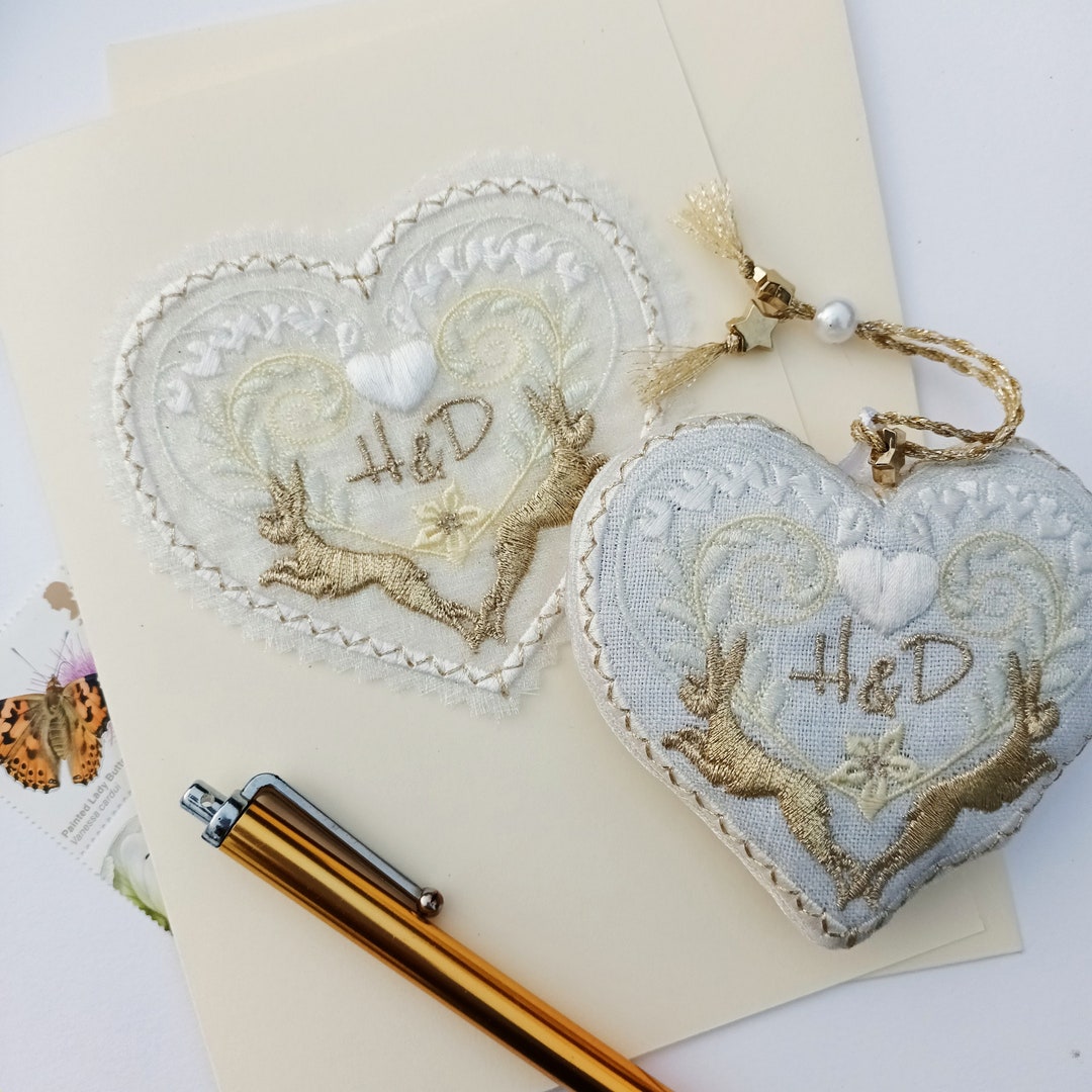 HEART and Hares, Greetings Card With Personalised Embroidered Textile ...