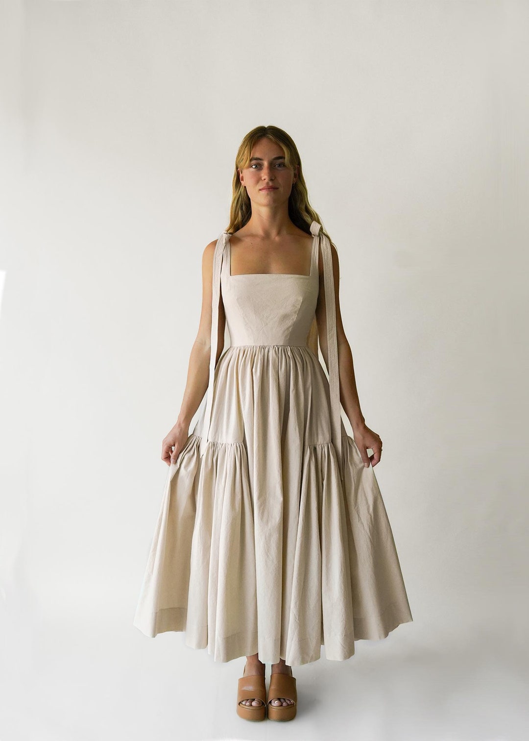 Cozette Dress: Unbleached Cotton Romantic Dress With Bow Straps - Etsy