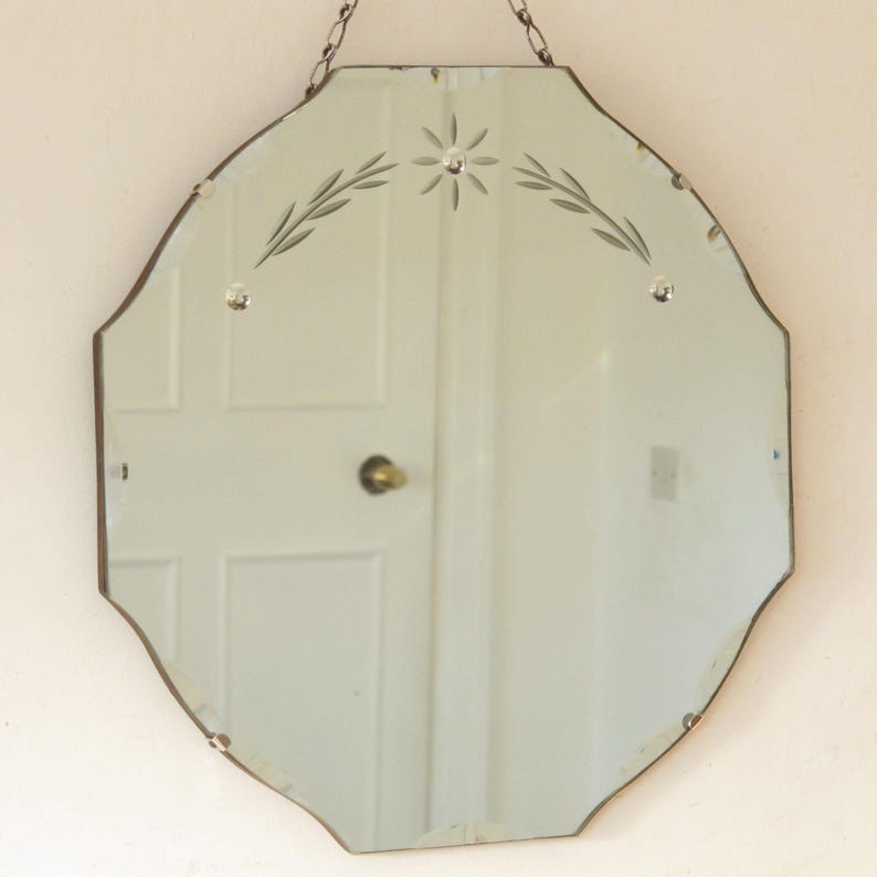 Art Deco Mirror With Scalloped Bevel and Cut Glass Floral Design. Ready ...